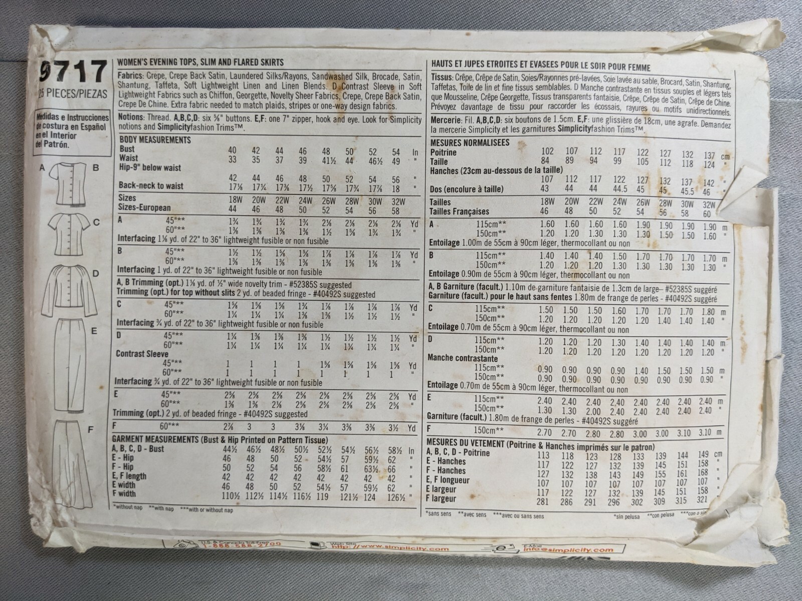 Simplicity Pattern 9717 Womens Evening Tops Skirts Slim Flared 26W 28W ...