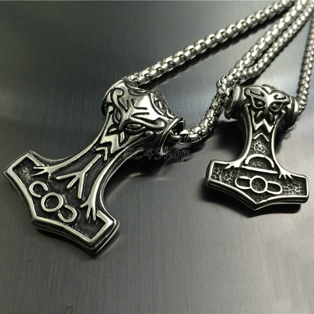 Men Retro Mjolnir Viking Thor's Hammer Stainless Steel Pendant Chain ...