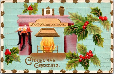 Christmas Fireplace Dolls Stockings Holly Blue Bricks Embossed postcard ...