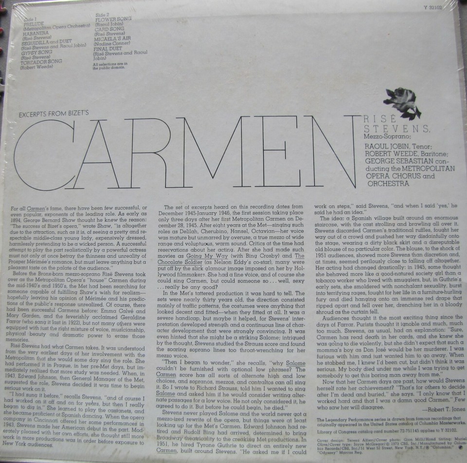 Rise Stevens - In Excerpts From Bizet's Carmen LP NM/VG++ Odyssey 4 ...