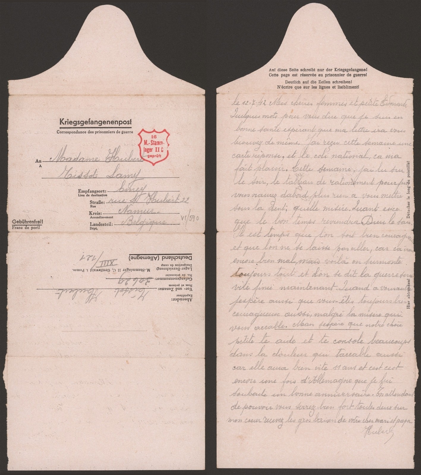 Germany WWII 1942 - POW Letter Stalag II C to Belgium - Censor EP135 ...