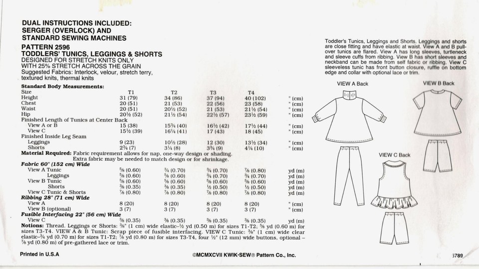 Kwik Sew 2596 Toddler Girls Knit Tunic Leggings Shorts Sewing Pattern ...