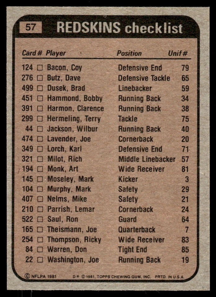 1981 TOPPS WILBUR JACKSON/ART MONK/LEMAR PARRISH/COY BACON H WASHINGTON ...