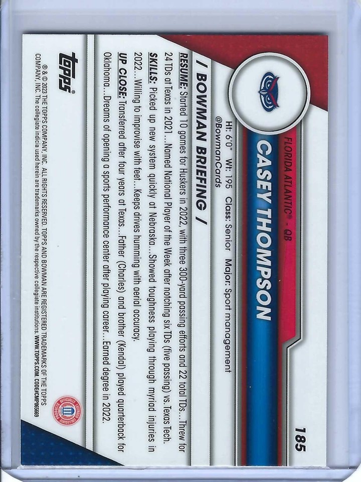 2023 BOWMAN UNIVERSITY CHROME PINK REFRACTOR CASEY THOMPSON CARD # 185 ...