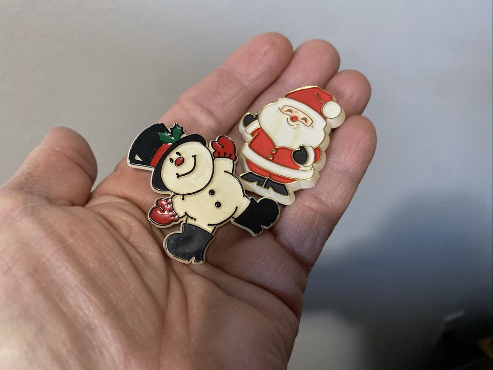 2 Vintage 1981 Hallmark "SANTA" and "SNOWMAN" Christmas Brooch Lapel ...