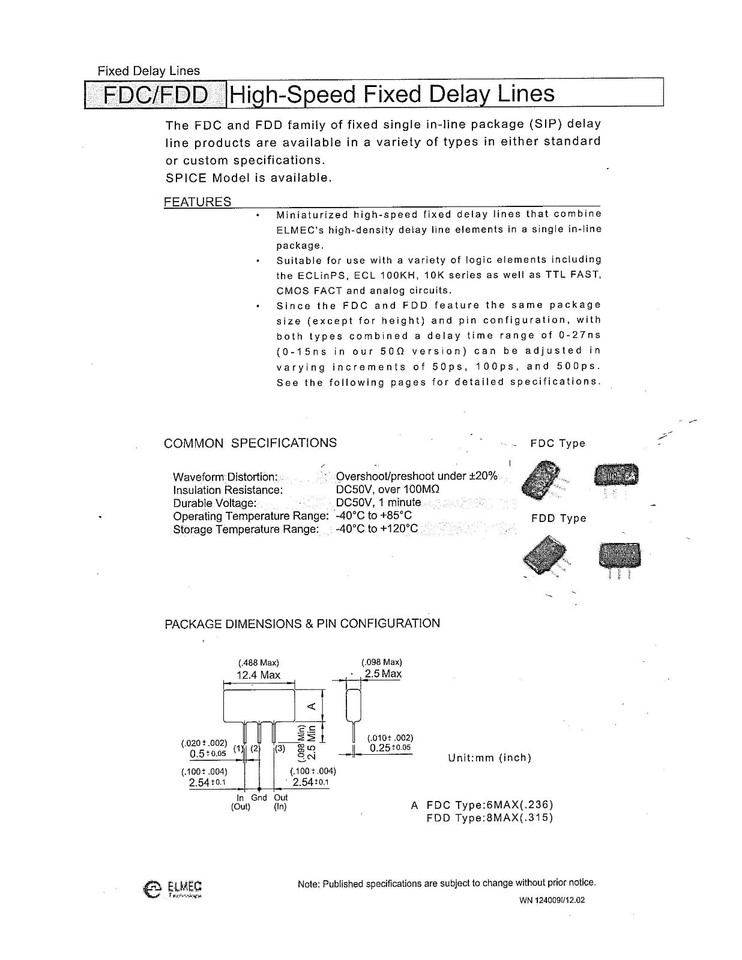 (5 pcs) FDC0105 - ELMEC, 100pps, High-Speed Fixed Delay Line, 3-pin SIP ...