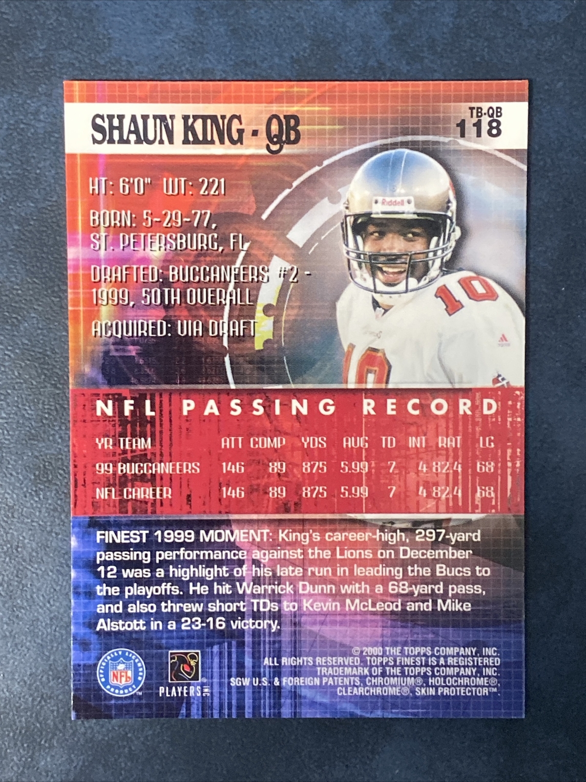 2000 Topps Finest Shaun King Football Cards #118 Tampa Bay Buccaneers ...