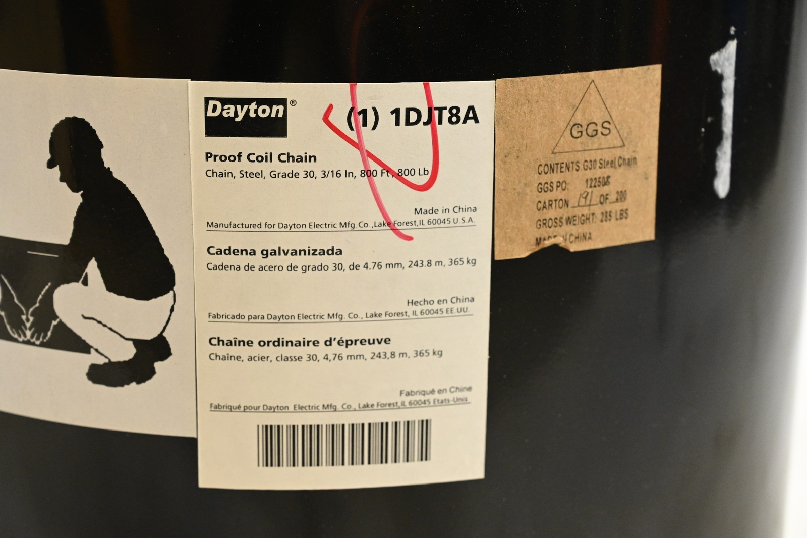 Dayton 1DJT8, Proof Coil Chain, 800 ft Lg & 800 lb Working Load Limit ...