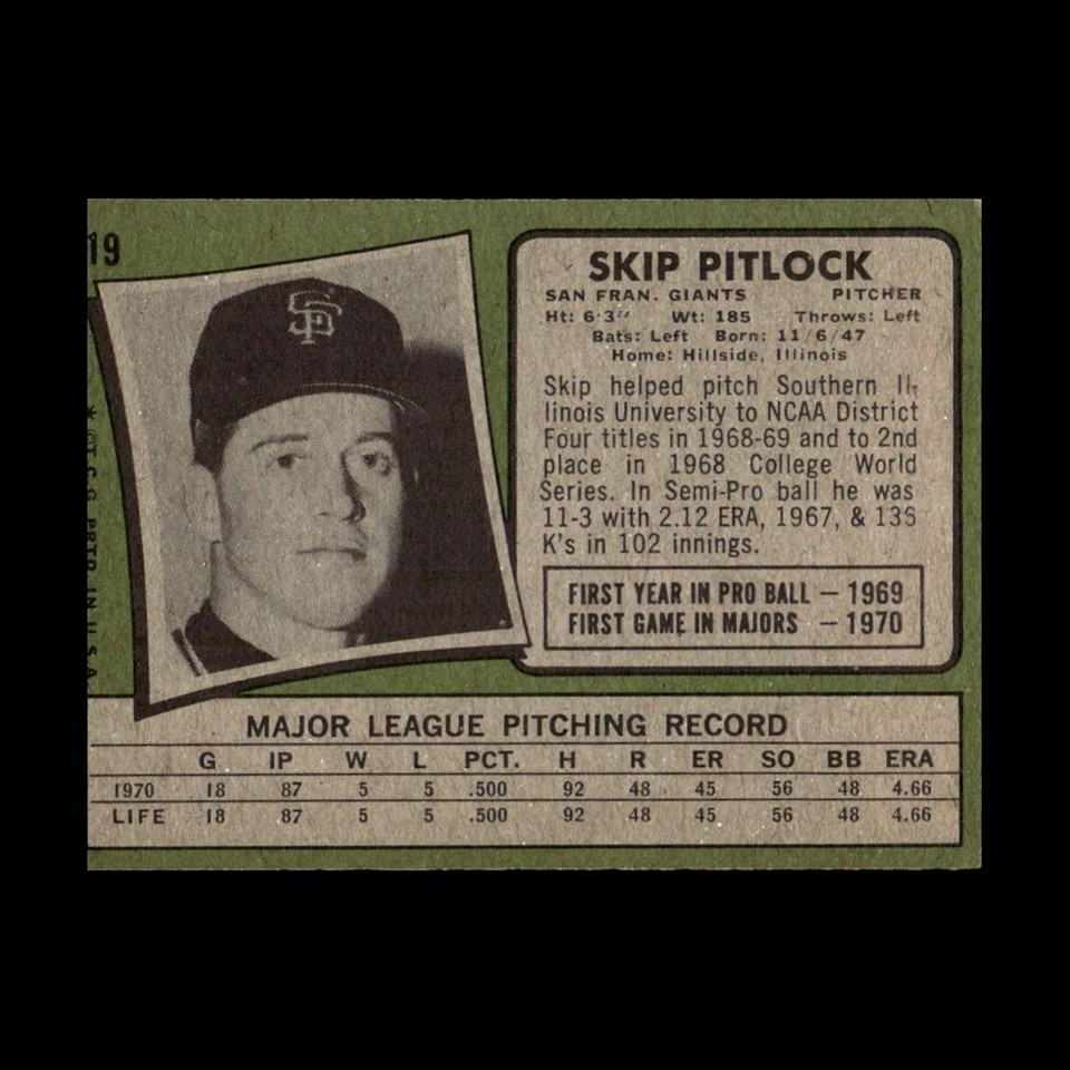 Skip Pitlock 1971 Topps Rookie San Francisco Giants #19 Nice Vintage ...