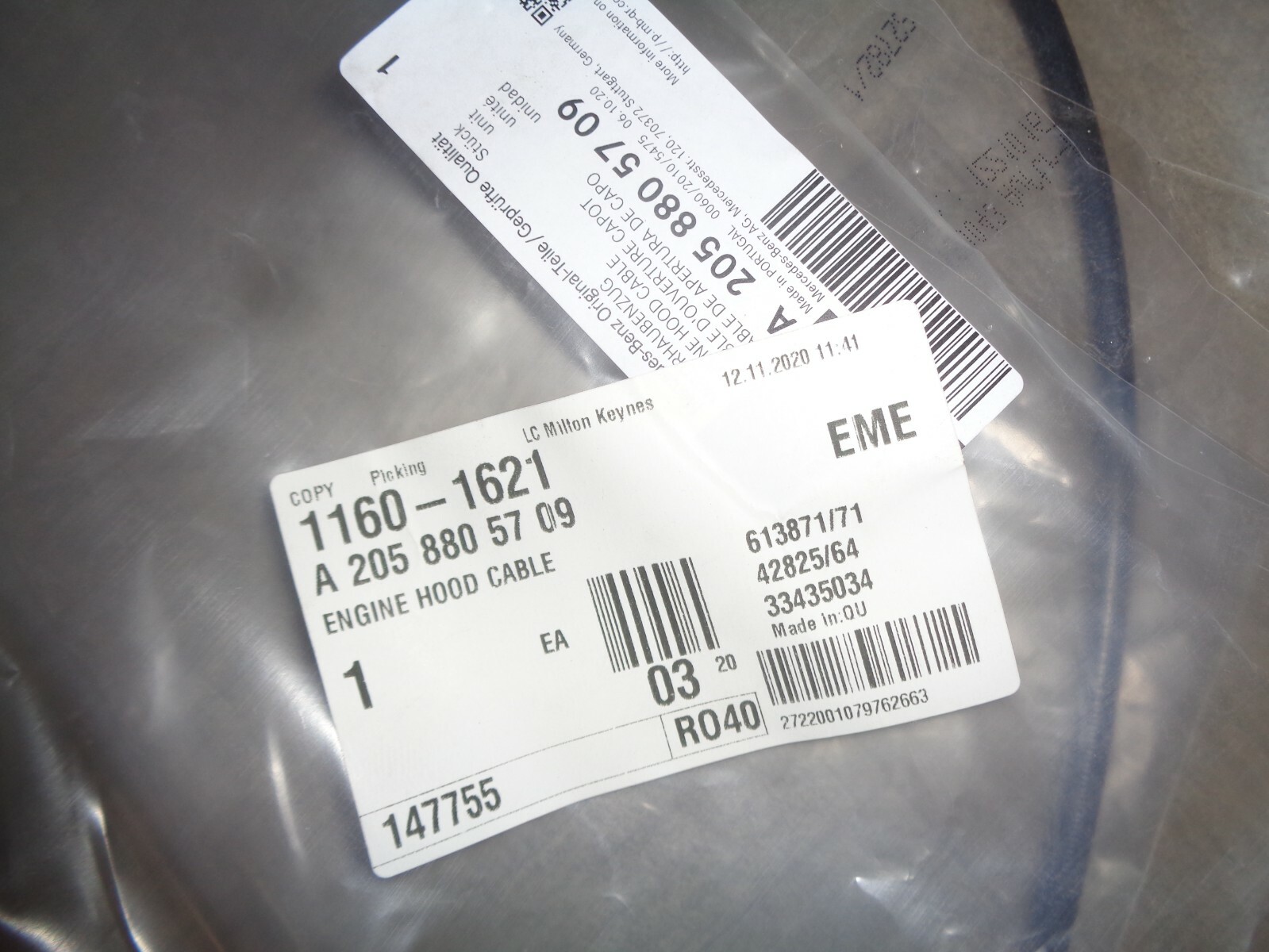 MERCEDES-BENZ W205 Bonnet Cable Rear Cable Section A2058805709 NEW ...