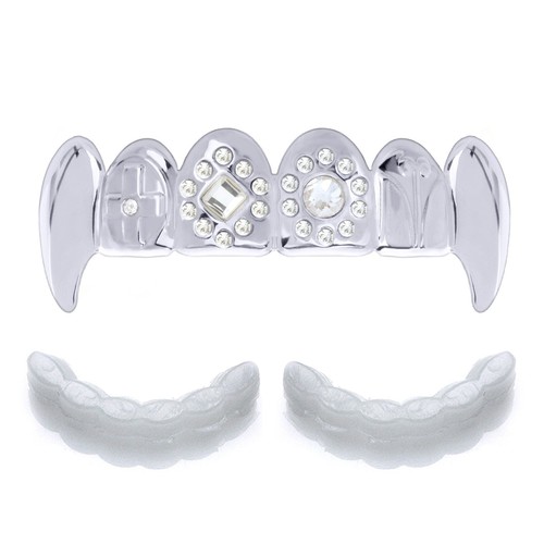 Silver Plated Hip Hop Grillz Top Fang Dracula Teeth 2 Molding Bars L021 ...