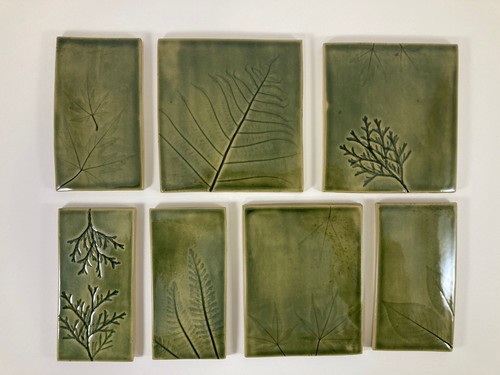 7 Handmade Ceramic Tiles, Green, Nature Mosaic, Leaf, Leaves, Tree, 2.5 ...