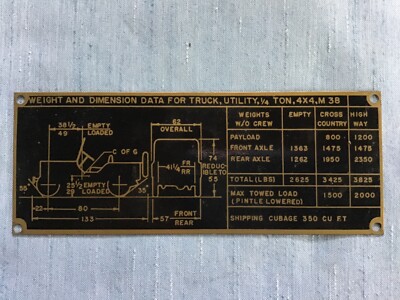 NOS ORIGINAL Weight & Dimension Brass Data Plate fot Willys M38 Jeep ...