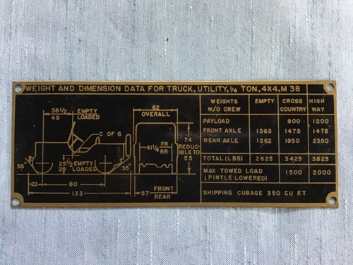 NOS ORIGINAL Weight & Dimension Brass Data Plate fot Willys M38 Jeep ...