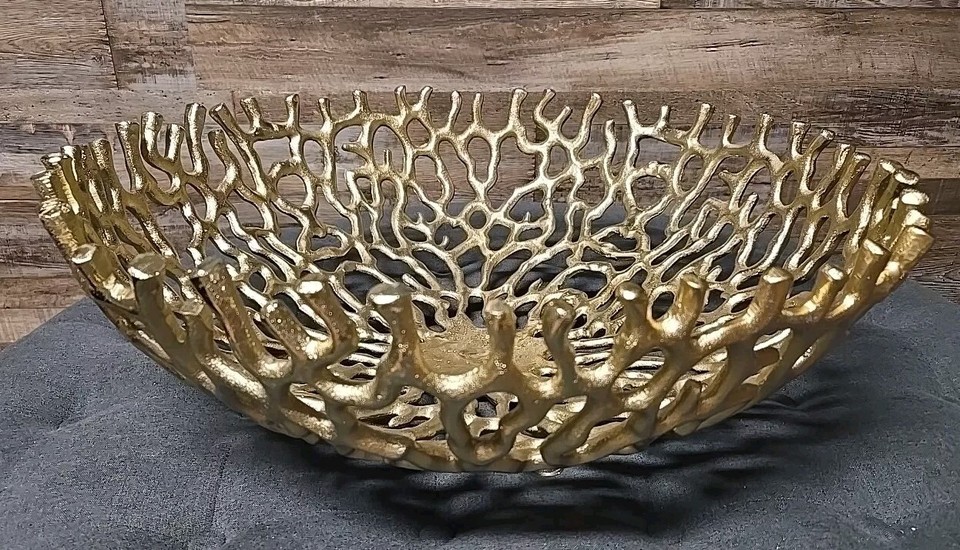 Gold Metal Bowl~ Nautical Coral Decorative 20" Wide Beach House Decor ...