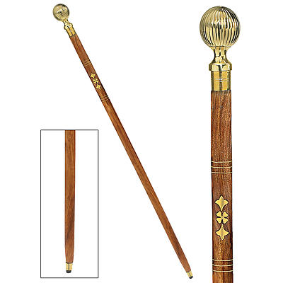 Polished Brass Solid Hardwood Rubber Tipped Fluted Sphere Walking Stick ...