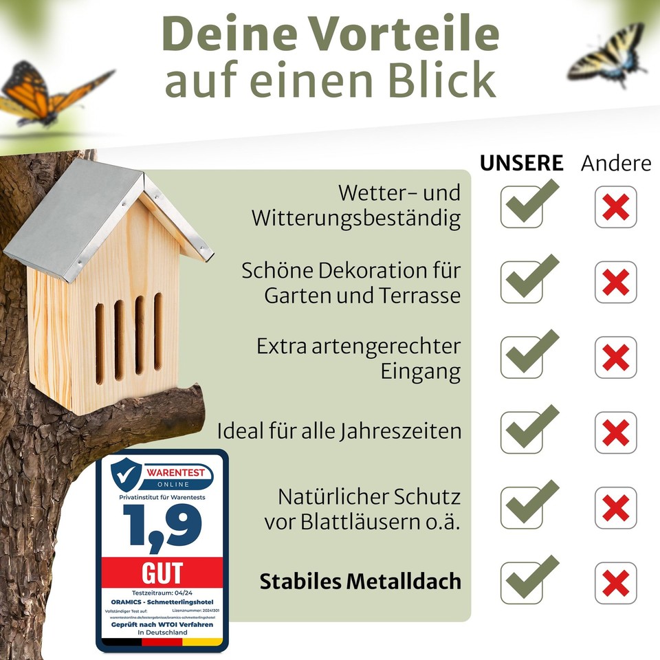 Maison à papillons, en pin avec toit en métal résistant aux intempéries ...