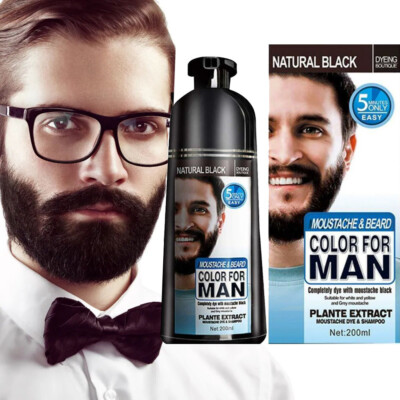 Men 2 in1 Beard & Mustache Natural Hair Color Shampoo Permanent Black ...