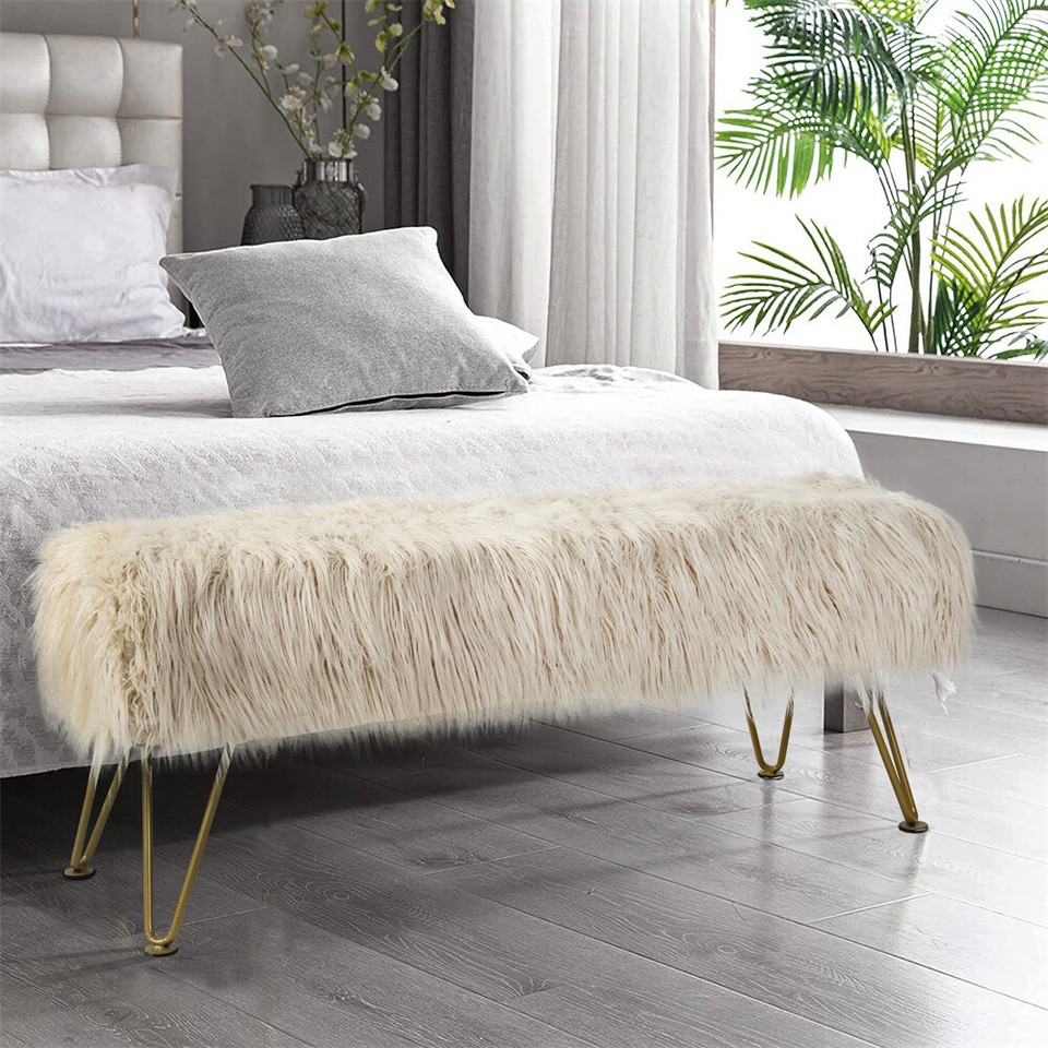 Mongolian Faux Fur Long Bench Ottoman Foot Rest Stool/Seat with Gold ...