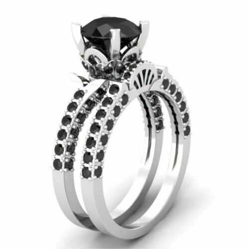 1.50 Ct Round Cut Lab-Created Black Diamond Engagement Bridal Ring Set ...