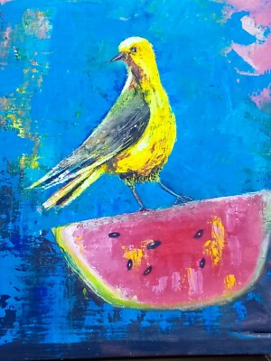Original art painting landscape Oil colors bird in garden ..watermelon ...