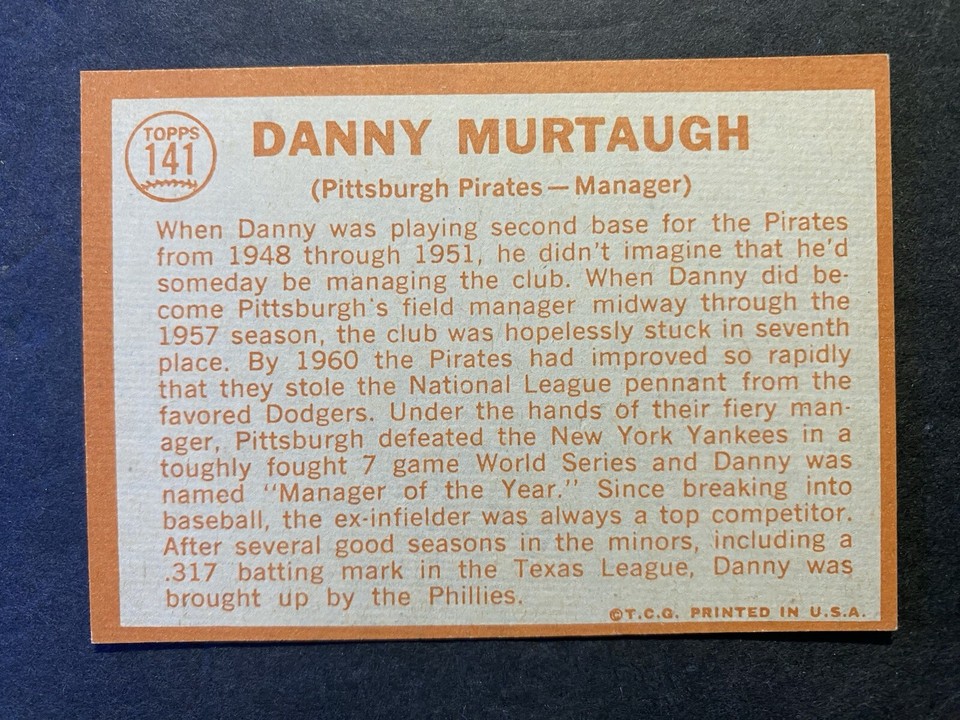 1964 Topps Baseball Danny Murtaugh Pittsburgh Pirates Card #141 (b) | eBay