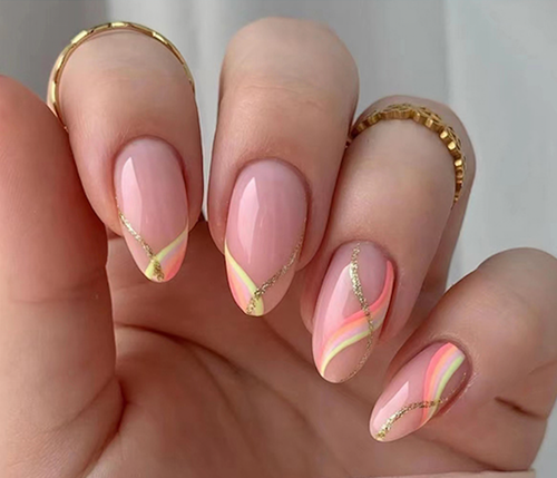 Multicolour Tips With Glitter Stripe Almond Shape Press On Fake ...