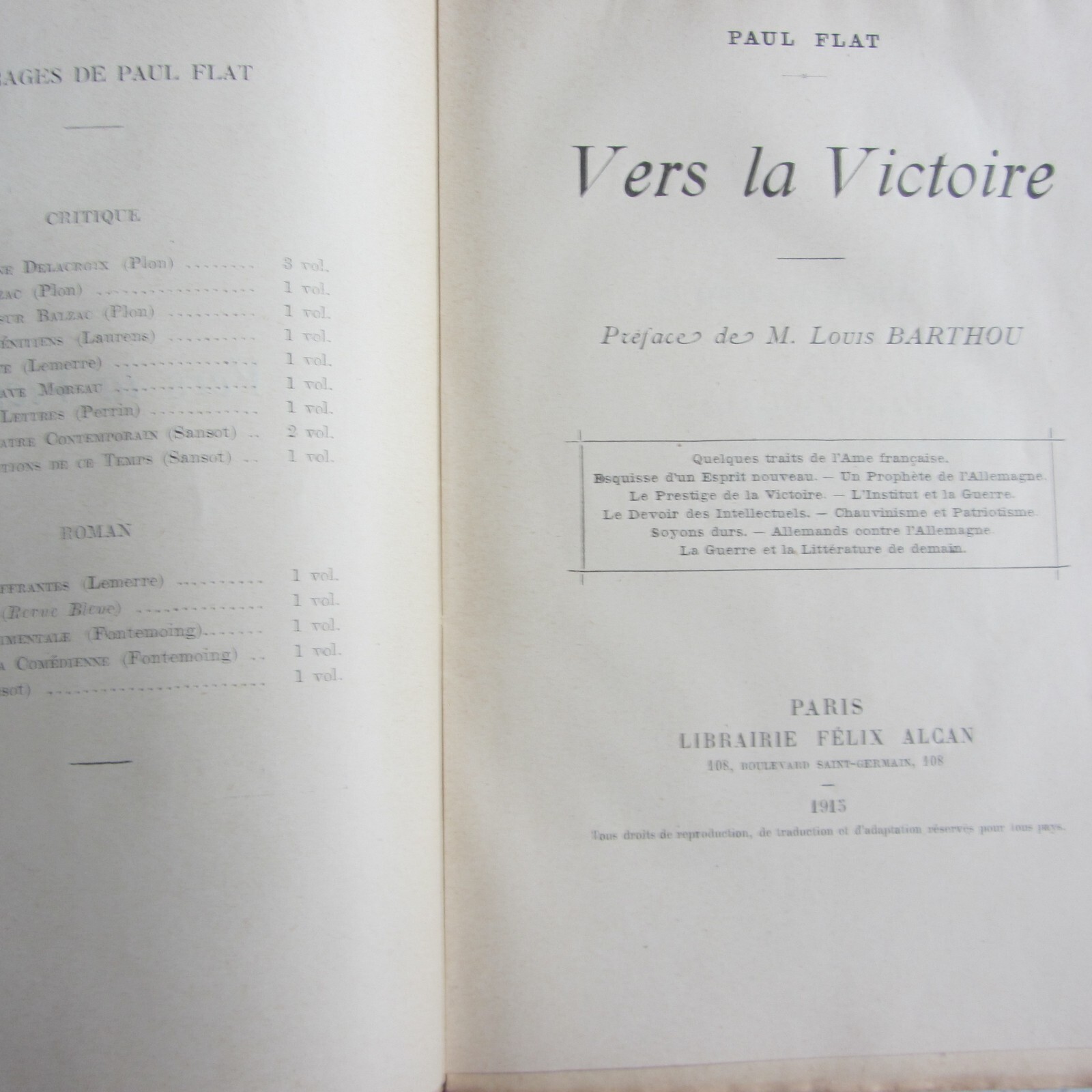 PAUL FLAT Vers la victoire 1915 GUERRE 14-18 PACIFISME BARRÈS PÉGUY ...