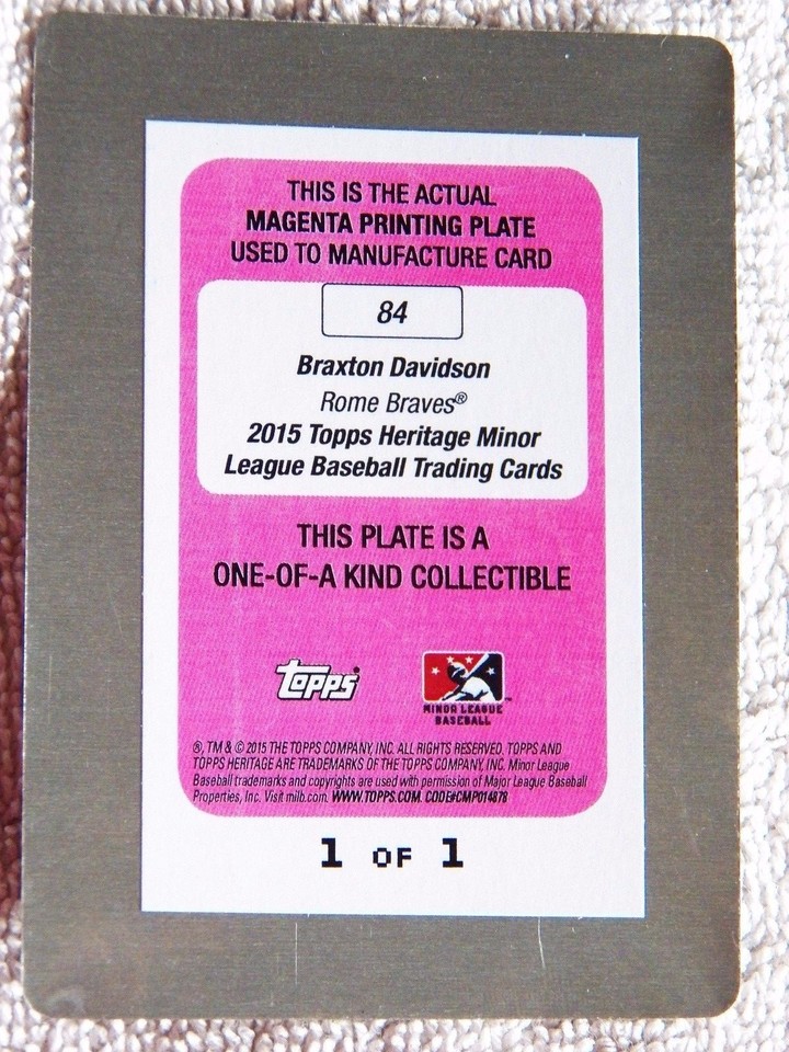 Braxton Davidson 2015 Topps Heritage Minor Auto Magenta Printing Plate ...