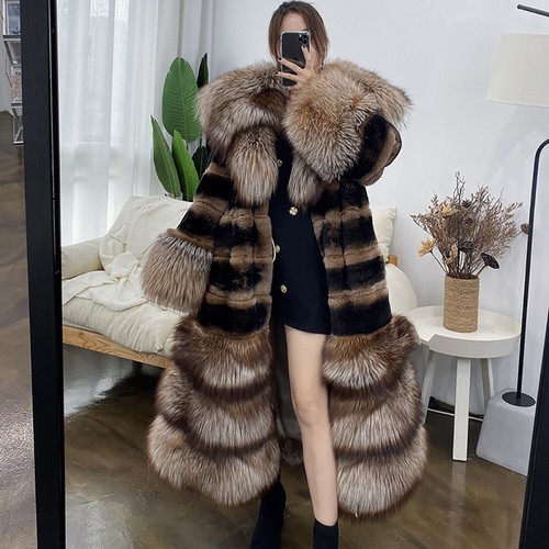 Women New Real Rex Rabbit Fur Chinchilla Coat Genuine Red Fox Fur ...