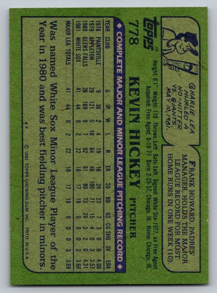 1982 Topps Baseball EX-NM Kevin Hickey Chicago White Sox #778 | eBay