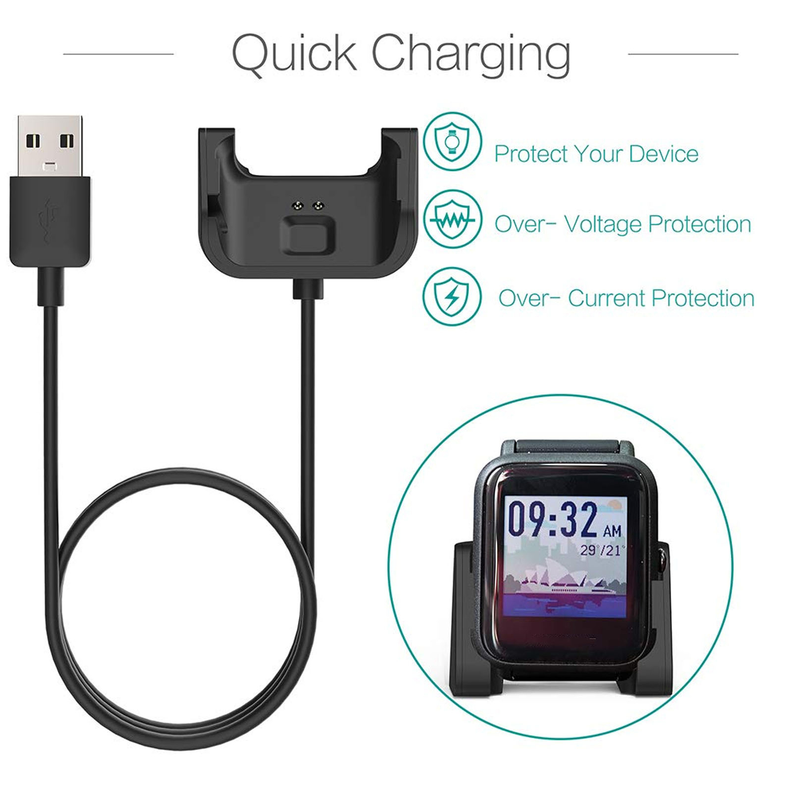 Smartwatch Charging Cable Cradle 3.3ft Black USB 5V 300mA Smartwatch ...