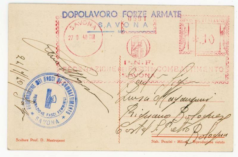 Italy NATIONAL FASCIST PARTY-ILLUDTRATED POSTAL METER-FEDERAZIONE dei ...