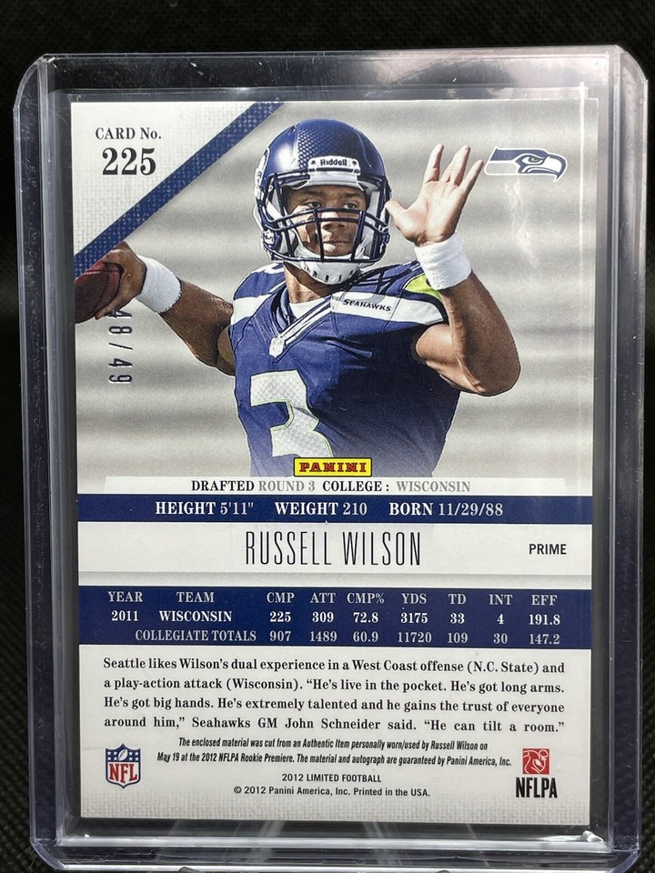 2012 PANINI LIMITED RUSSELL WILSON ROOKIE AUTO 48/49 SILVER PATCH ...