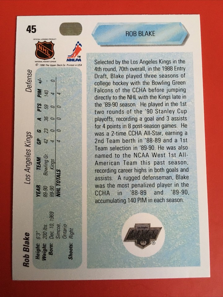 1990 Upper Deck LA Kings Rob Blake Autograph Card | eBay
