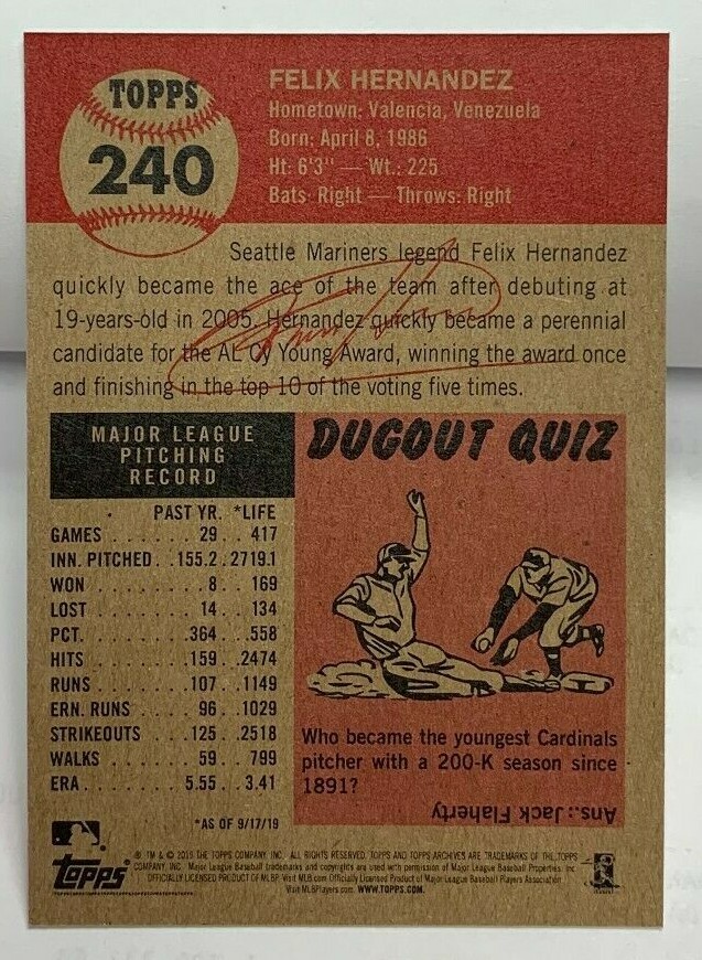 Felix Hernandez 2019 Topps Baseball Living Set #240 - SEATTLE MARINERS ...