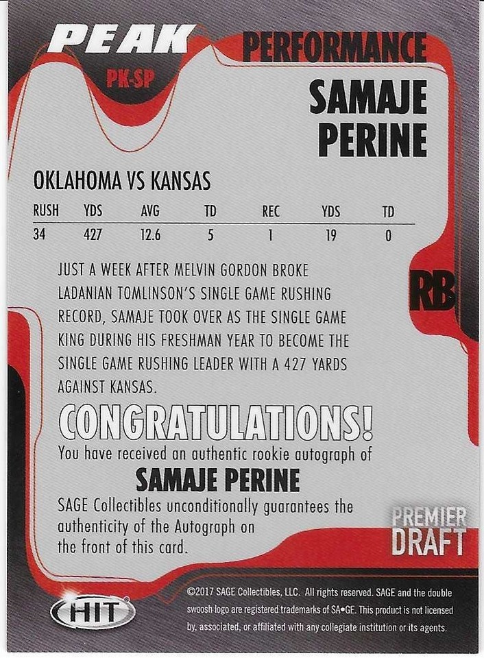 SAMAJE PERINE AUTO ROOKIE CARD - 2017 SAGE HIT PREMIER PEAK PERFORMANCE (42/50) | eBay