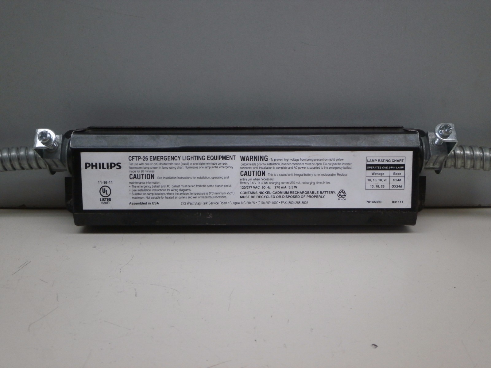 Lightolier Philips FBPPL26-N Fluorescent CFL Emergency Ballast Battery ...