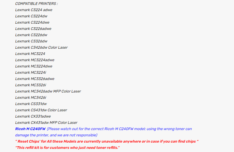 (120g x 4) Toner Refill ONLY for Lexmark C3224, C3326, CS331, CS431 ...