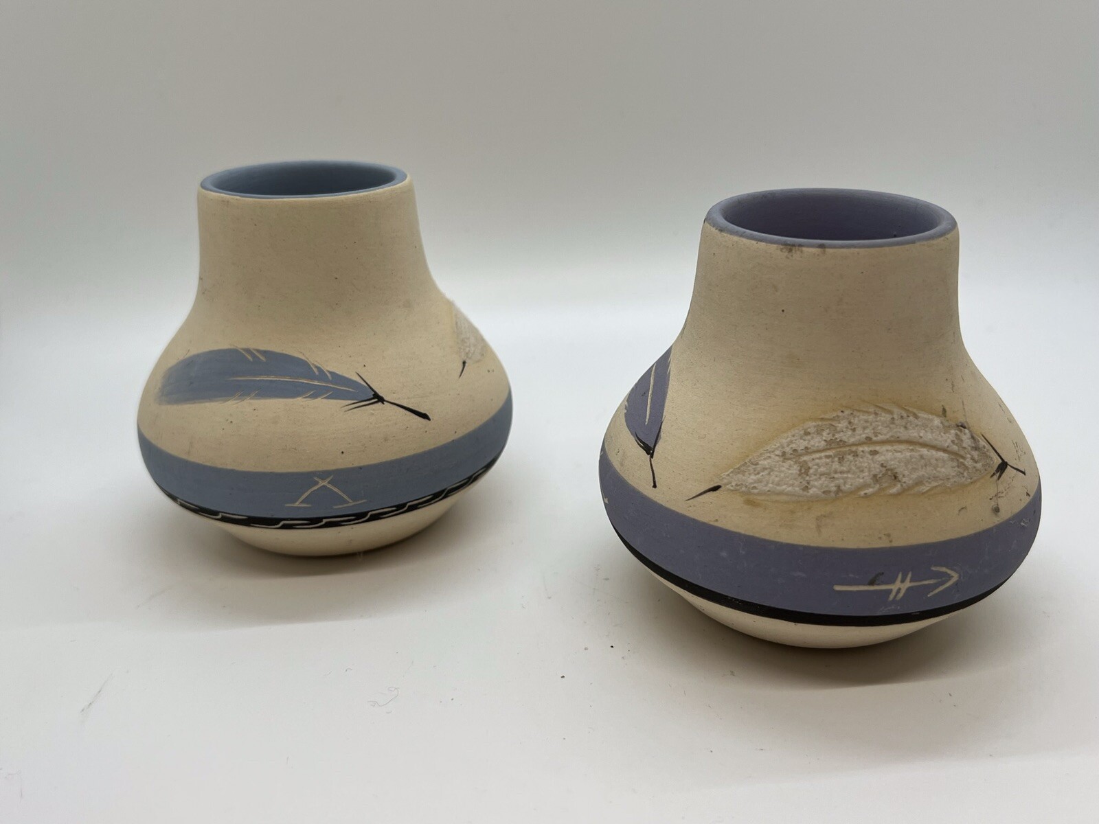 Blue Feather Pottery 2 Vases Hand Painted Signed Southwest Design | eBay