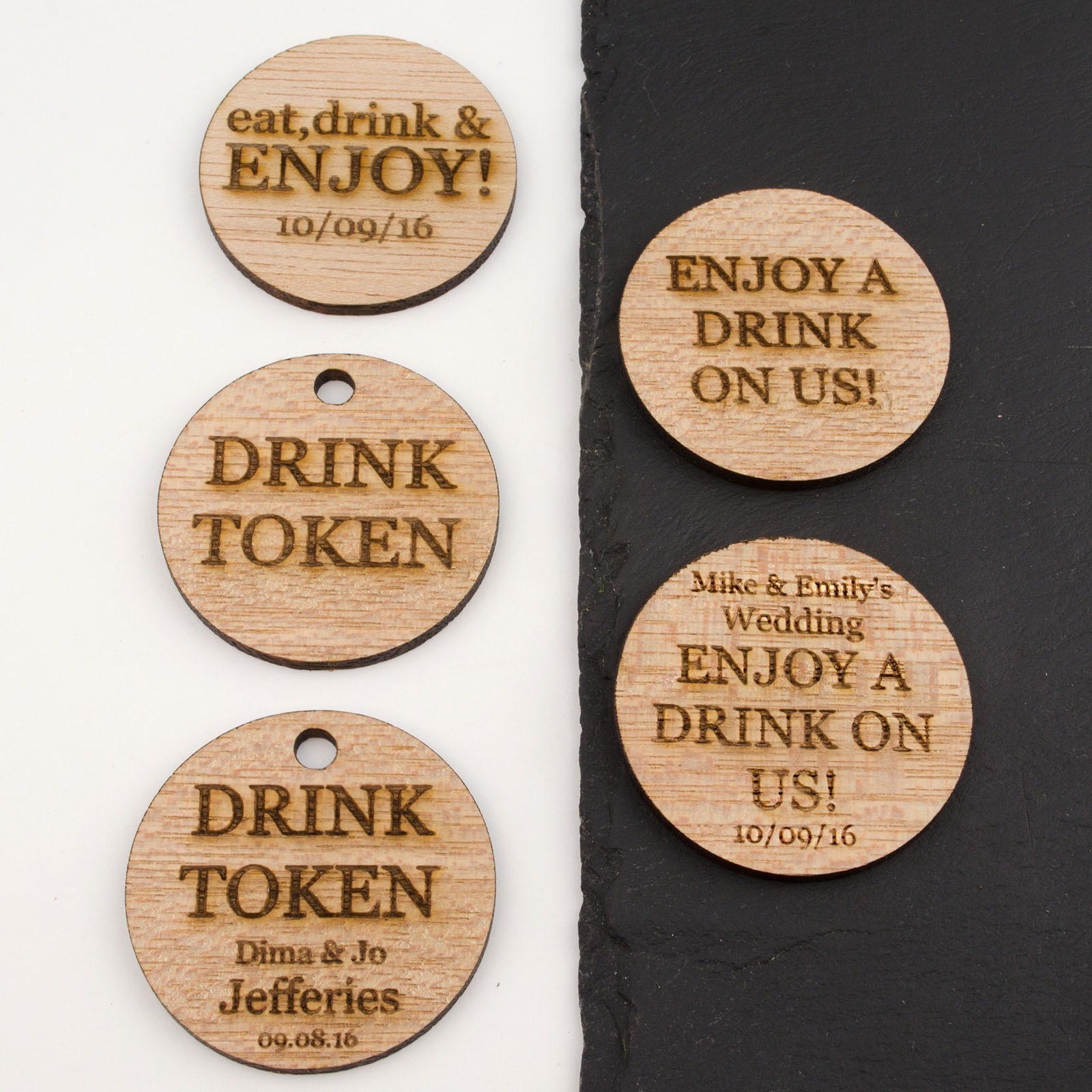 Wooden Drink Tokens. Personalised Rustic Discs. Wedding Guest Favours ...