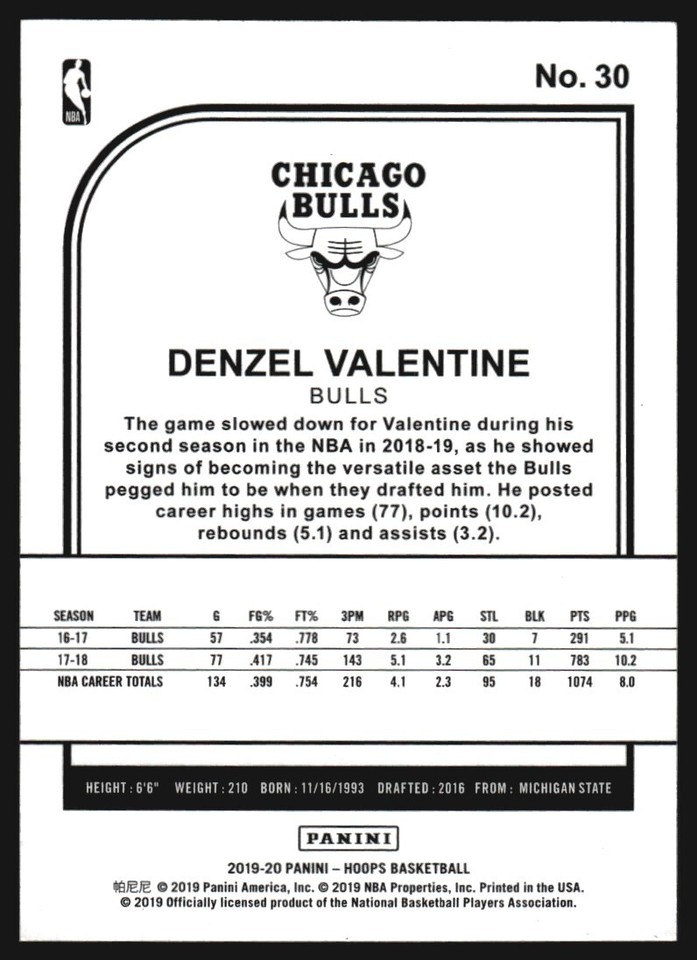 2019-20 Hoops Green #30 Denzel Valentine /99 | eBay