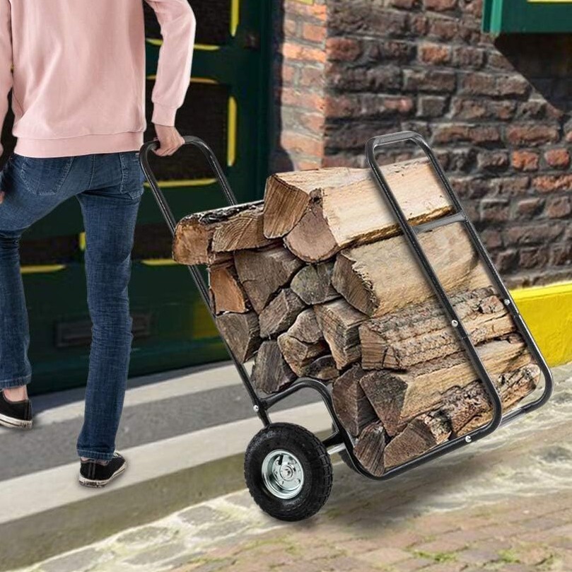Firewood Cart, Outdoor Fireplace Log Rolling Caddy Hauler with Large ...