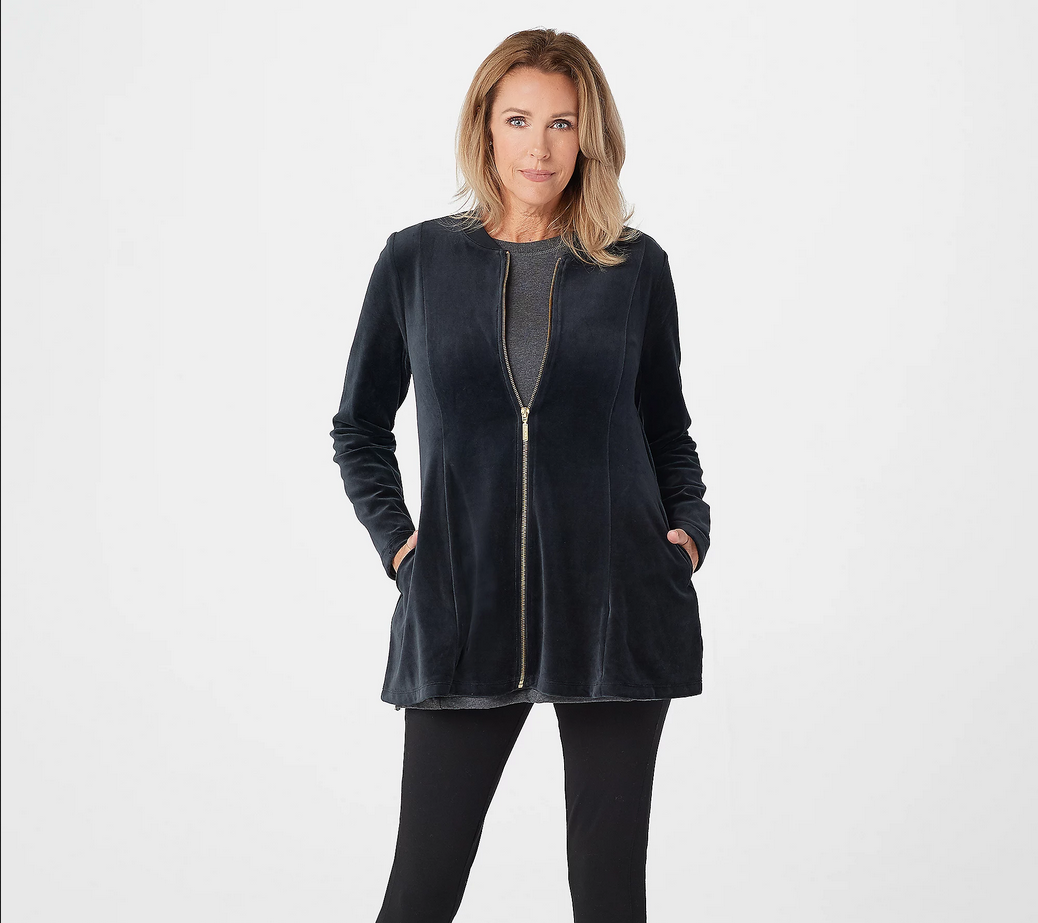 Denim & Co. Velour Fit & Flare Jacket with Rib Bomber Collar-Black-XS ...
