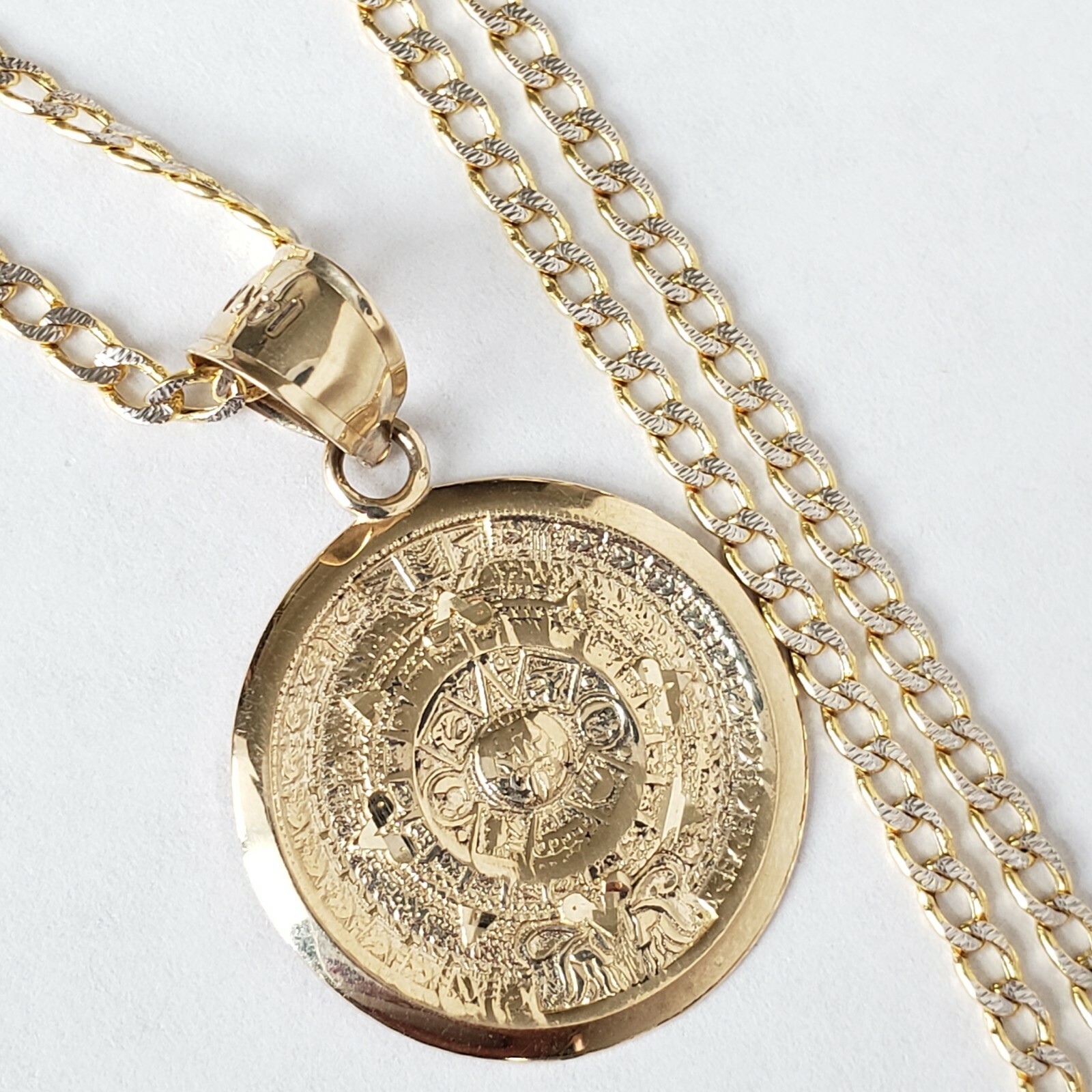 Solid 14k Yellow Gold Aztec Medallion Calendar Pendant 20 Inch cuban ...
