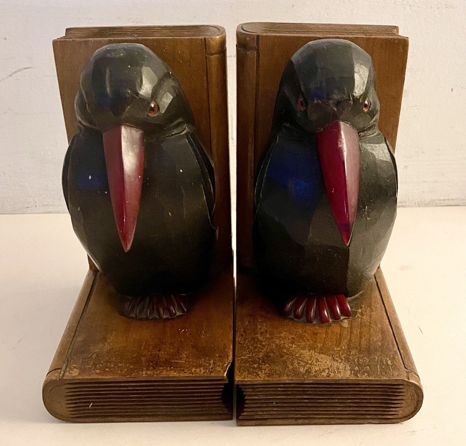 Pair of Art Deco Carved Bird Wooden Bookends in the style of Henry ...