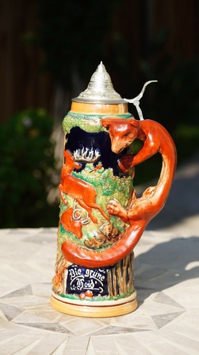 Rare Vintage German Beer Stein, Fox Handle "DIE GRUNE HEID, DAS JAGERS ...
