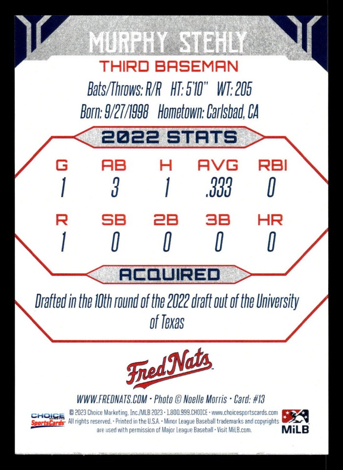 Murphy Stehly 2023 Choice Fredericksburg Nationals #13 Fredericksburg ...