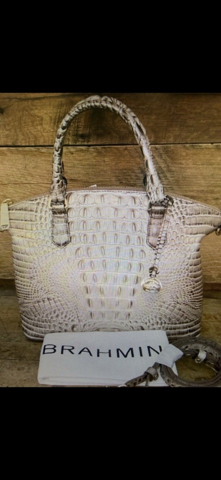 Brahmin Alabaster Animal Print Satchel Top Handle Bag Logo Charm Gold ...