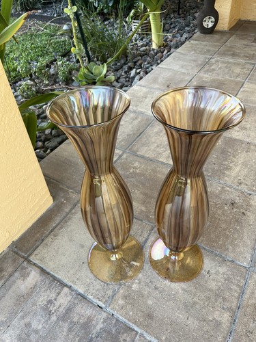 VTG PARISE VETRO Vases-(2) 20" Goldish Iridescent Venetian Handblown ...
